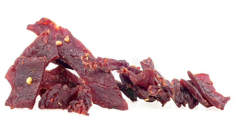 Pile of Spicy Beef Jerky Isolated on White Background. Pieces of Dry ...