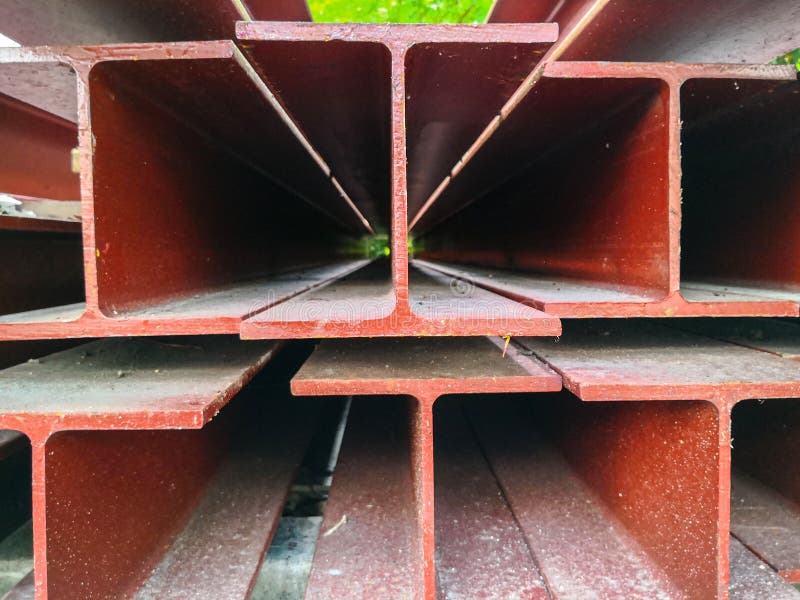 Pile of Steel Beam Paint Red Color Preparing for Structure Construction ...