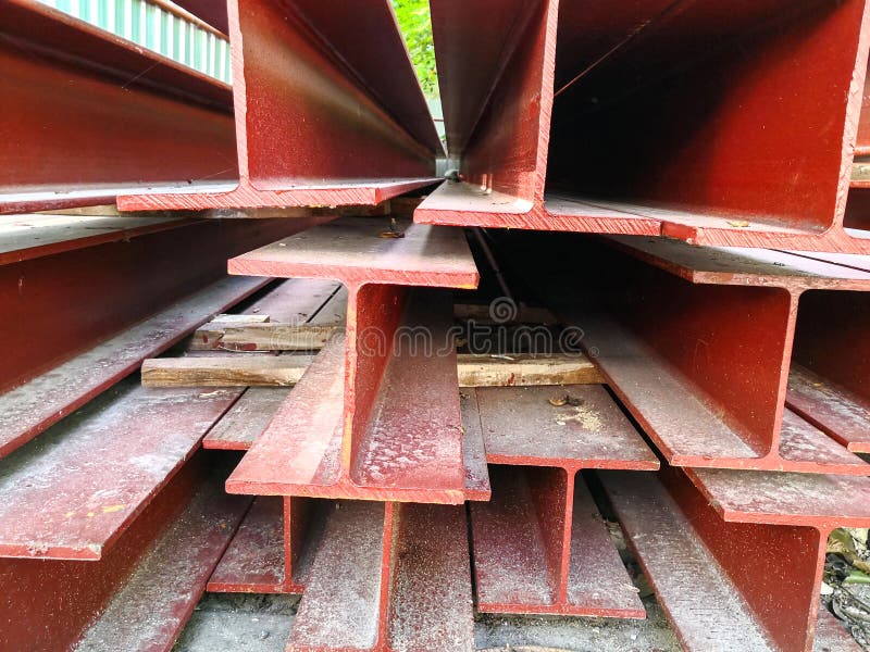 Pile of Steel Beam Paint Red Color Preparing for Structure Stock Image ...