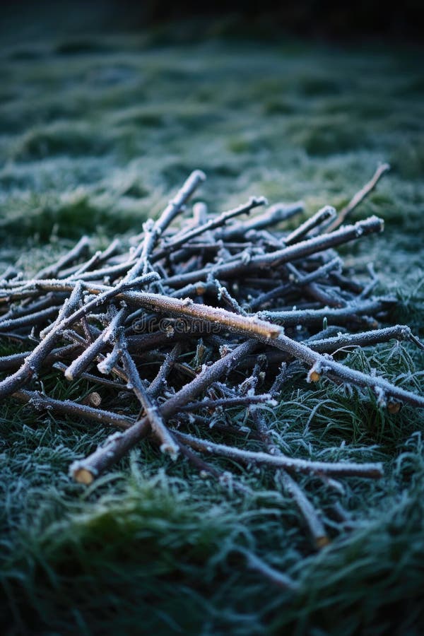 A Pile of Sticks Sits Atop a Lush Grass-covered Field Stock Photo ...