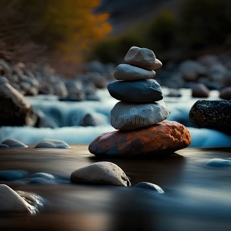 Pile of Stones in a River. Zen, Harmony and Balance Concept Stock ...