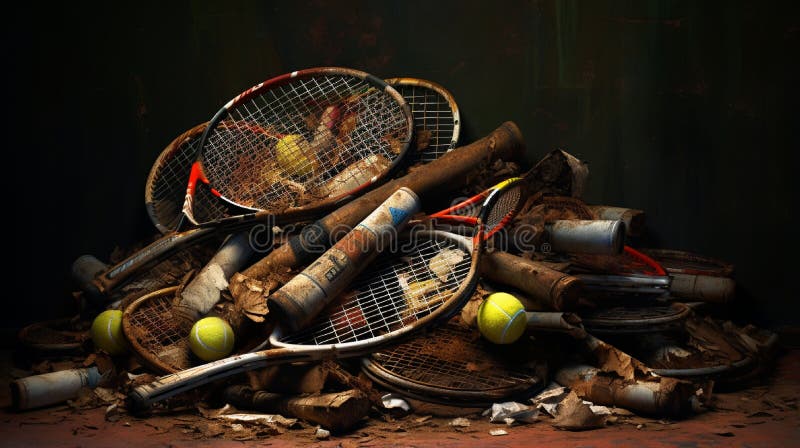 A Pile of Tennis Rackets with Broken Strings Oil Painting Stock ...