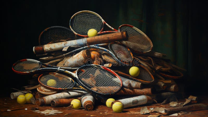 A Pile of Tennis Rackets with Broken Strings Oil Painting Stock ...