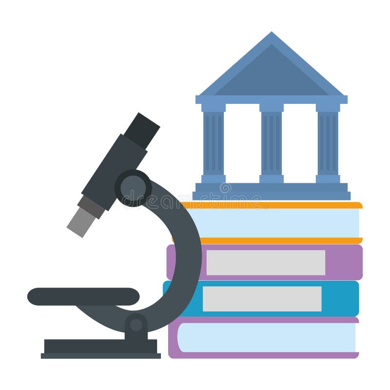 Pile Text Books with Microscope and Library Building Stock Illustration ...