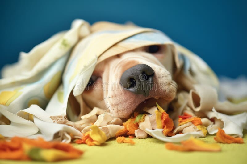 Pile of Torn Fabric, Dogs Nose Poking through Stuffing Stock Photo ...