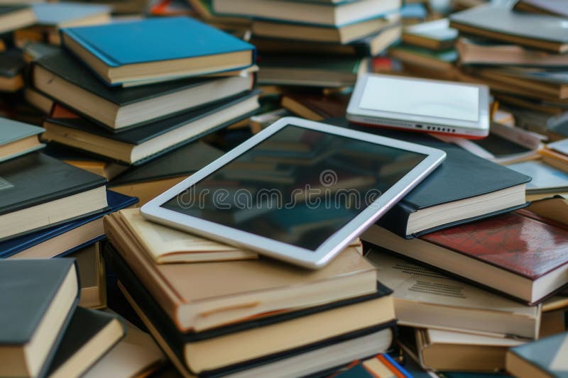 A Pile of Traditional Textbooks and Modern E-learning Devices Like ...
