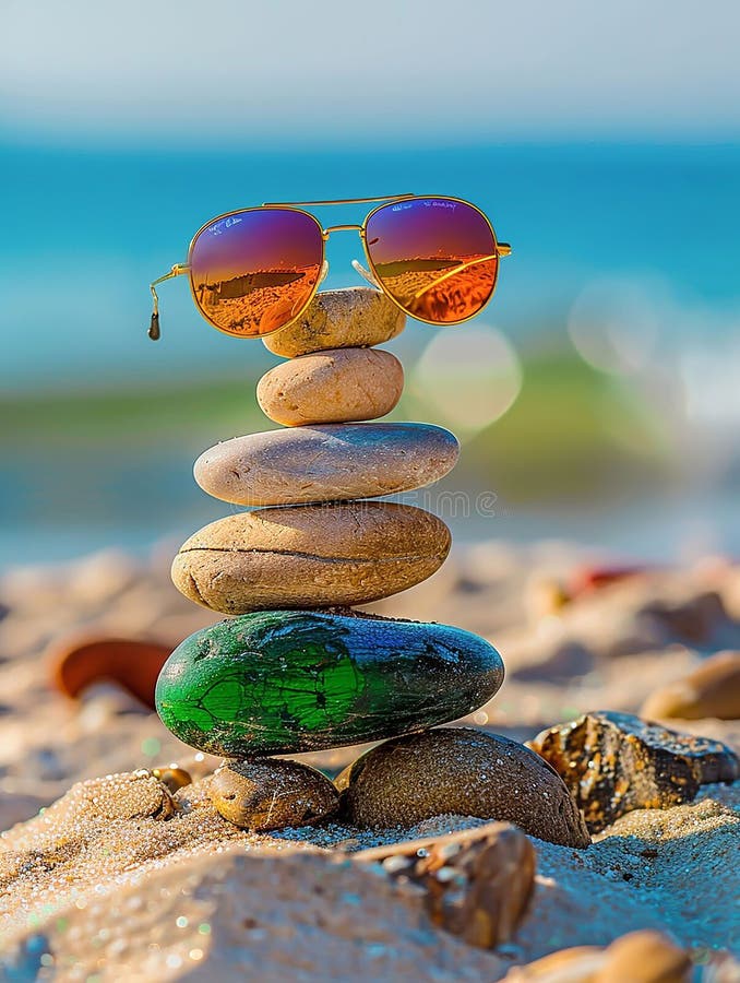 Pile of Transparent Colored Stones with with Sunglasses on the Beach ...