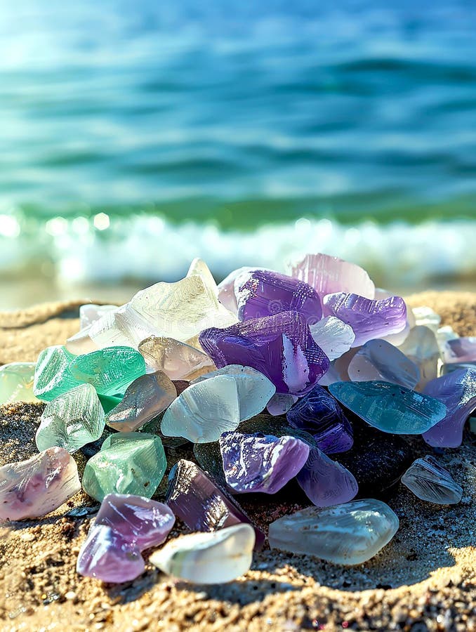 Pile of Transparent Colored Stones with Sunglasses on the Beach Stock ...