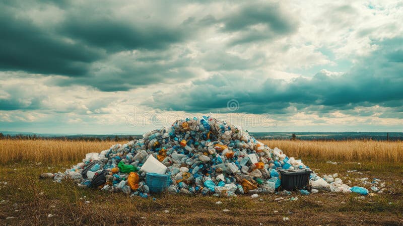 Pile of Trash on Open Field Under Dramatic Sky with Clouds Stock Photo ...