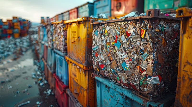 A Pile of Trash is Stacked in a Row of Containers Stock Photo - Image ...