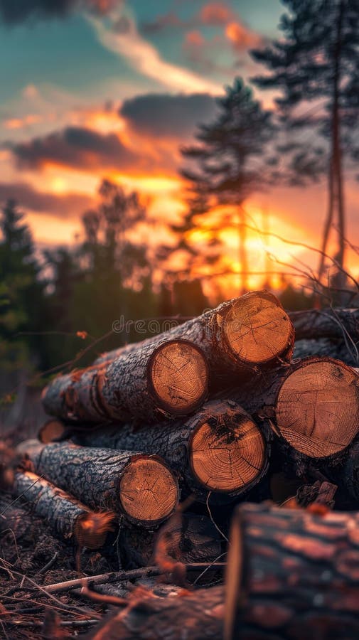 Pile of Tree Logs in a Forest during Sunset, Nature and Logging Concept ...