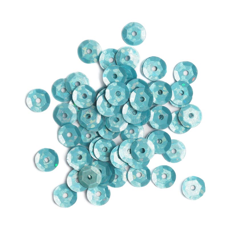 Pile of Turquoise Sequins Isolated on White, Top View Stock Image ...