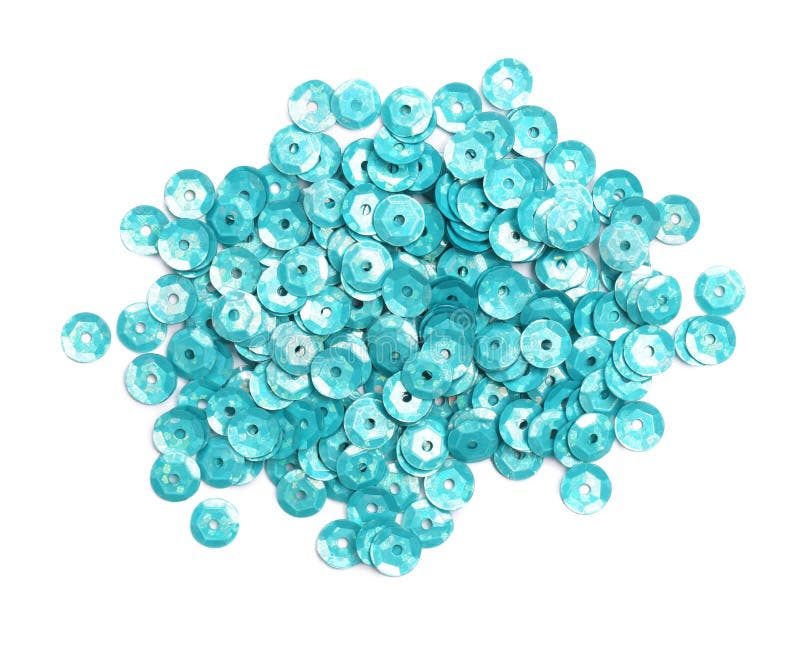 Pile of Turquoise Sequins on White Background, Top View Stock Photo ...