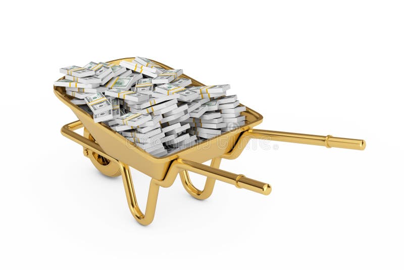 Pile of USD Money in a Golden Wheel Barrow. 3d Rendering Stock ...