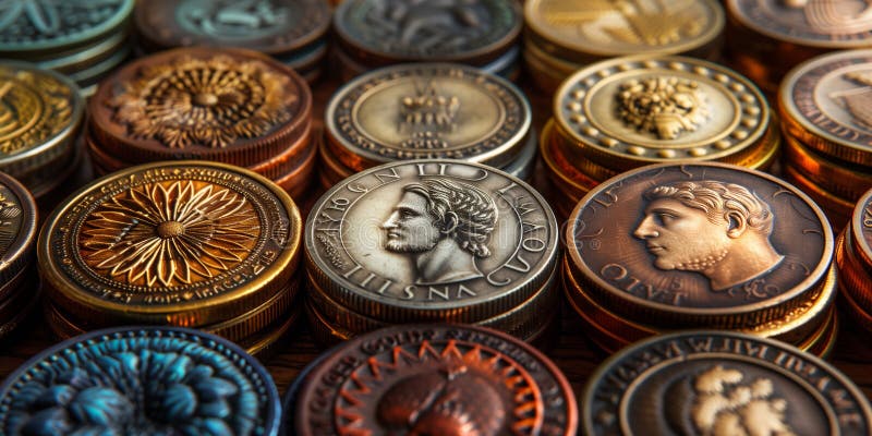 A Pile of Various Colored Coins Stacked on Top of Each Other Stock ...