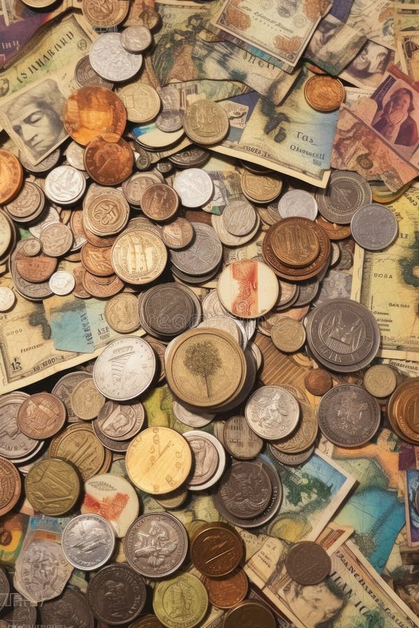 Pile of Various International Banknotes and Coins Stock Illustration ...