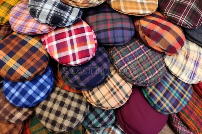 Pile of Various Plaid Patterned Caps on a Table Stock Image - Image of ...