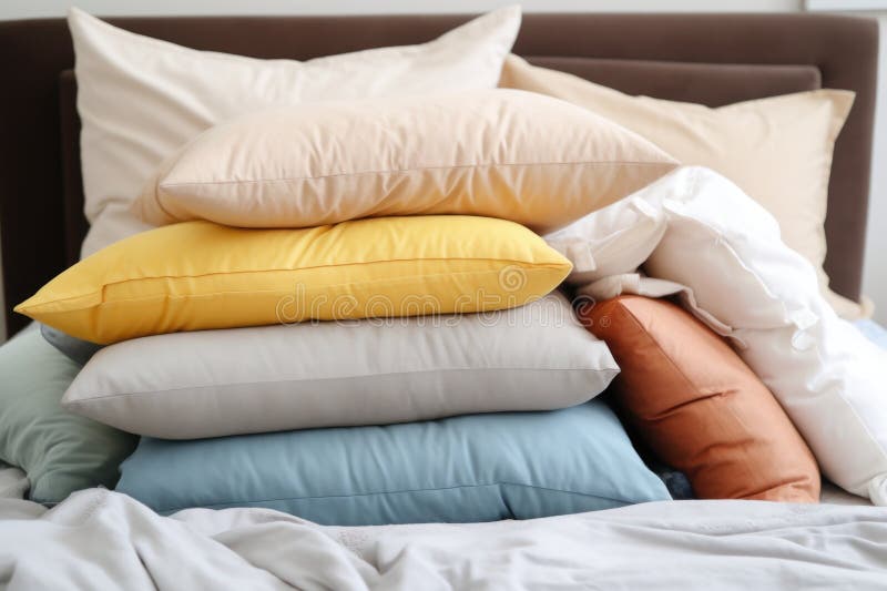 Pile of Various Sleeping Pillows on a Bed Stock Photo - Image of soft ...