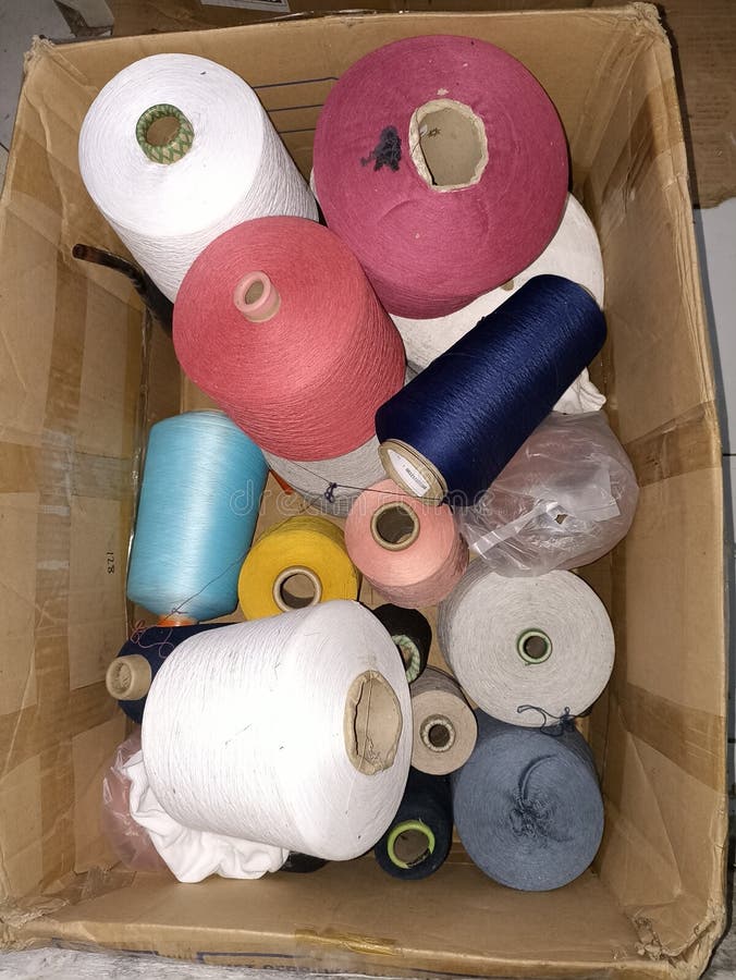 A Pile of Various Threads in a Cardboard Box Stock Image - Image of ...