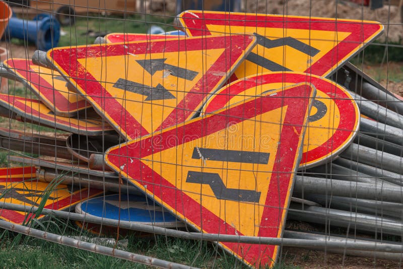 Pile of Various Traffic Signs on Road Maintenance Construction Site ...