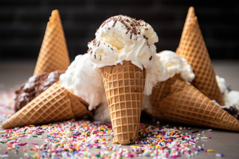 Pile of Waffle Cones and Scoops of Ice Cream on the Side Stock Image ...