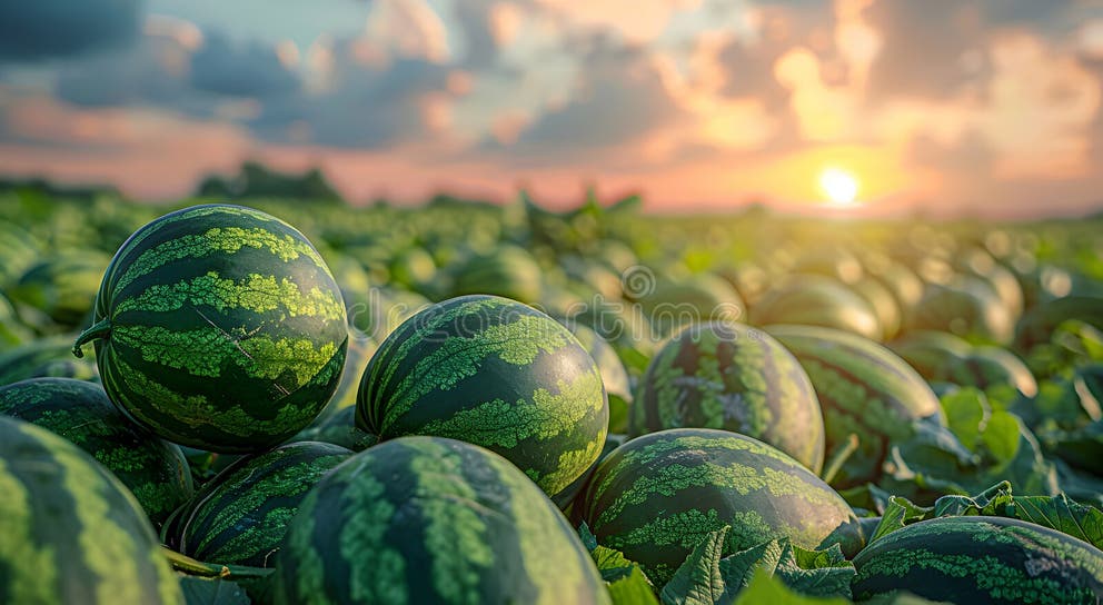 A Pile of Watermelons on the Field at Sunset Stock Photo - Image of ...