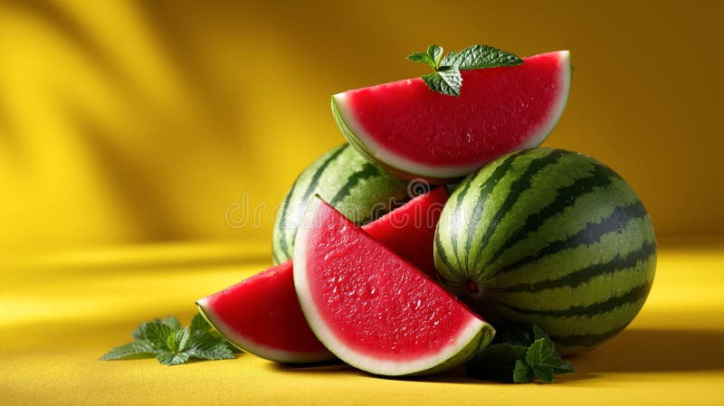A Pile of Watermelons with Mint Leaves on Top of Them Stock Image - Image of yellow, slices ...