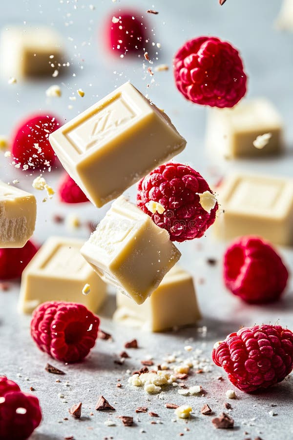 A Pile of White Chocolate with Raspberries Falling Out of it Stock ...