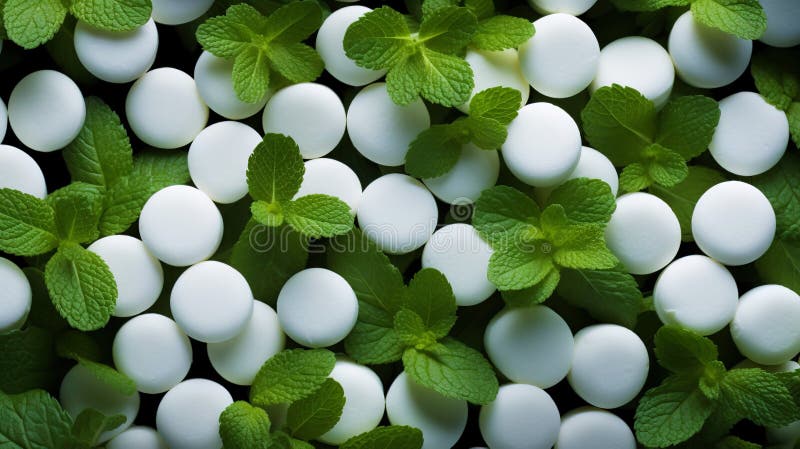 Pile of White Mints Candy with a Green Mint Leaves. Generative AI Stock ...
