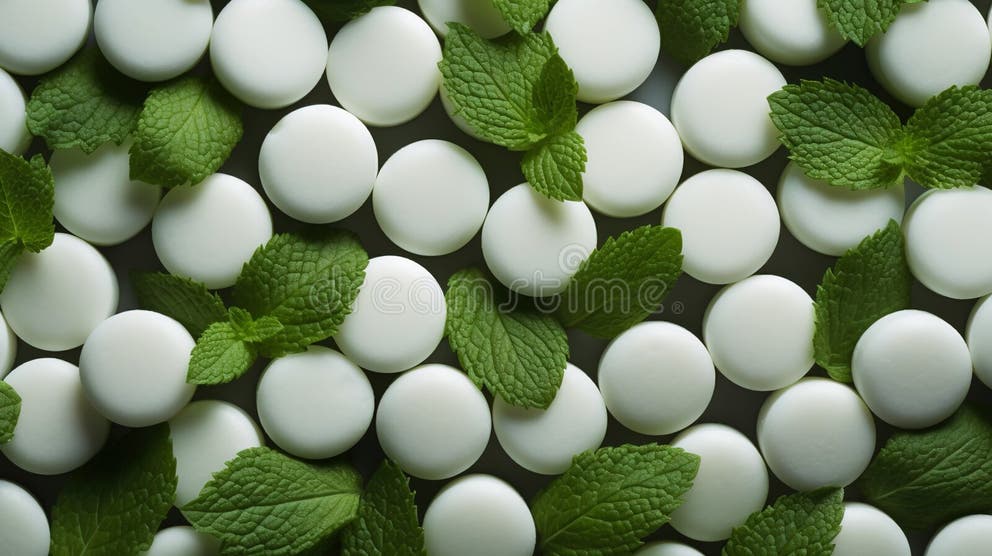 Pile of White Mints Candy with a Green Mint Leaves. Generative AI Stock ...