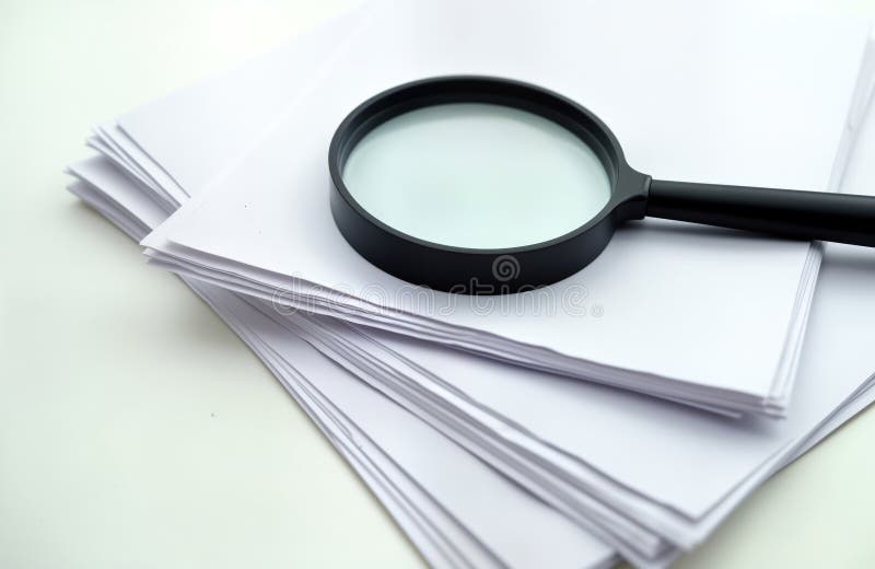 Pile of White Papers Examined Using Magnifying Glass. Documents Stacked ...