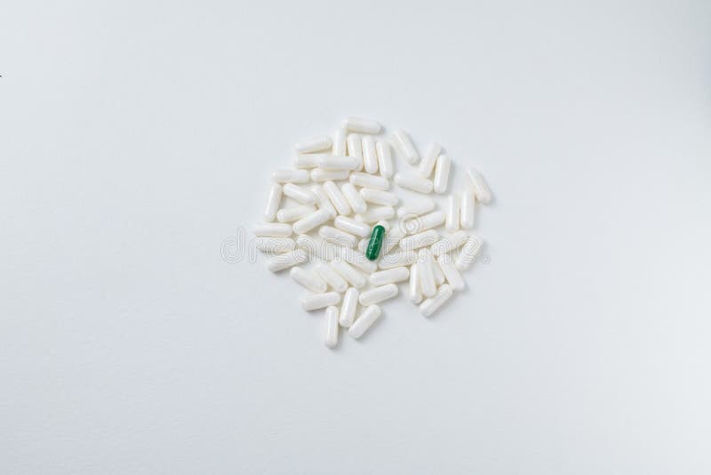 Pile of White Pills on White Table. Top View of Pile White Pill ...