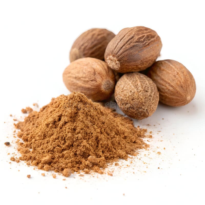 Pile of Whole Nutmeg Seed and Powder Isolated on White Background Stock ...