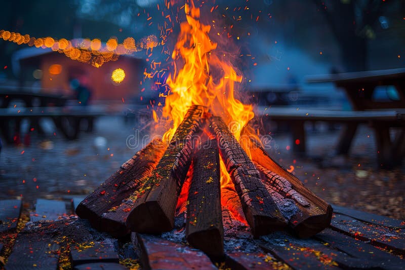 Pile of Wood is Burning in a Fire Pit. the Scene is Set in a Park with ...