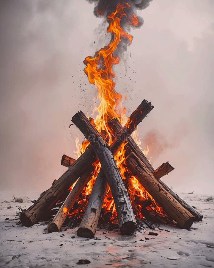 A Pile of Wood with a Fire Burning Amid the Snow in Winter Stock ...