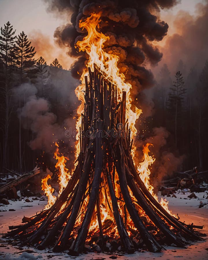 A Pile of Wood with a Fire Burning Amid the Snow in Winter Stock ...