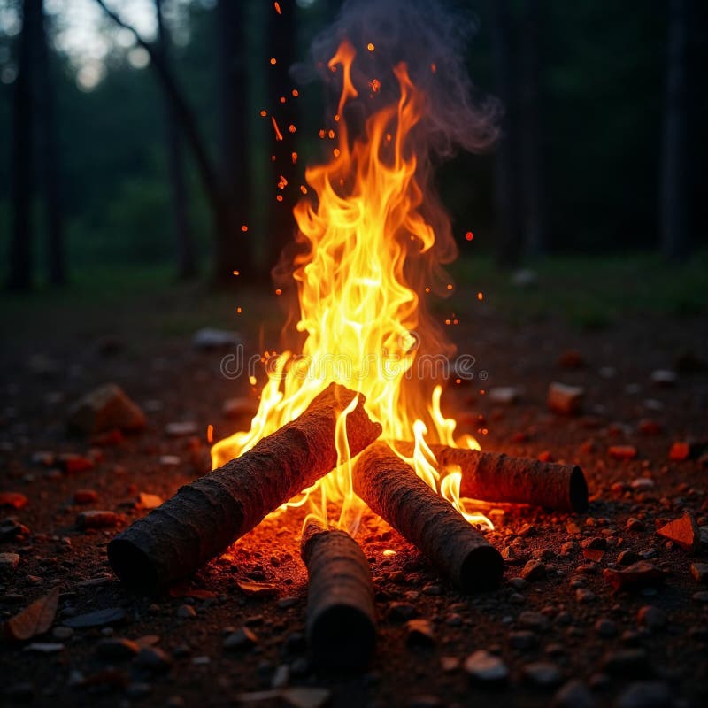 A Pile of Wood with a Fire Burning in the Middle Stock Photo - Image of ...