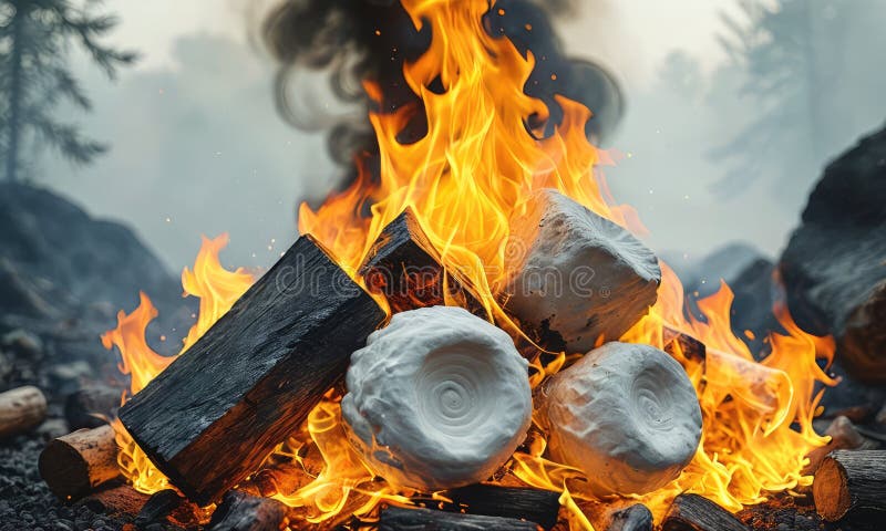 A Pile of Wood and a Pile of White Objects are Burning in a Fire. the ...