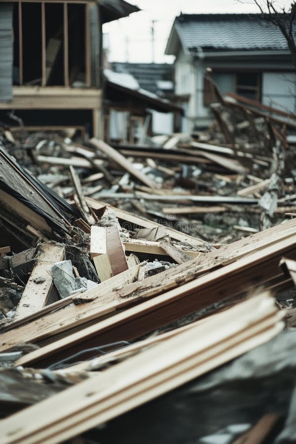 A Pile of Wood Sits Atop a Pile of Rubble, with Debris Scattered Around ...