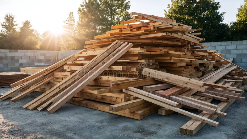 Pile of Wooden Planks Stacked in a Construction Area during Sunset with ...