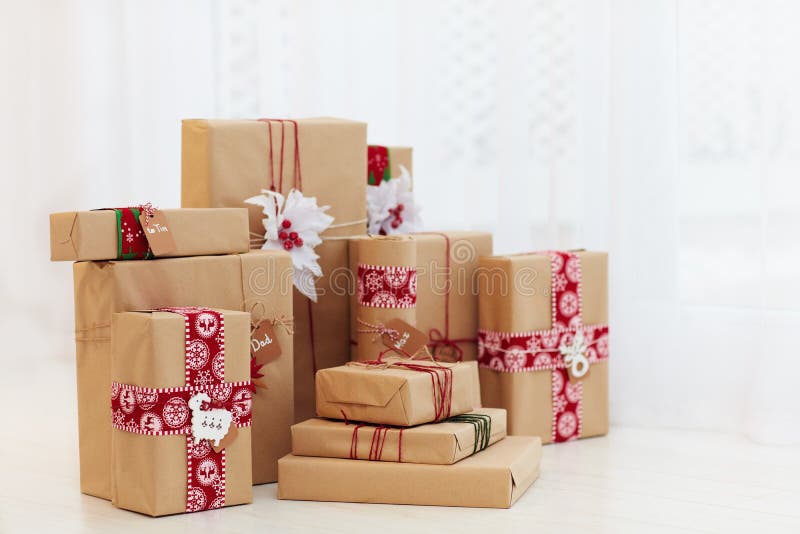 Pile of Wrapped Handcrafted Gift Boxes on the Floor Stock Photo - Image ...