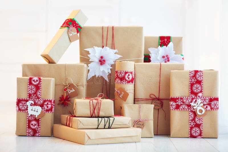Pile of Wrapped Handcrafted Gift Boxes on the Floor Stock Photo - Image ...