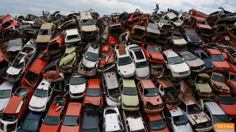 Pile of Wrecked Cars in a Vehicle Scrapyard Stock Illustration ...