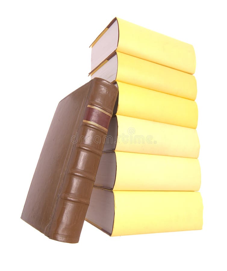 Row of Yellow Books with an Old Leather Bound Book Stock Photo - Image ...