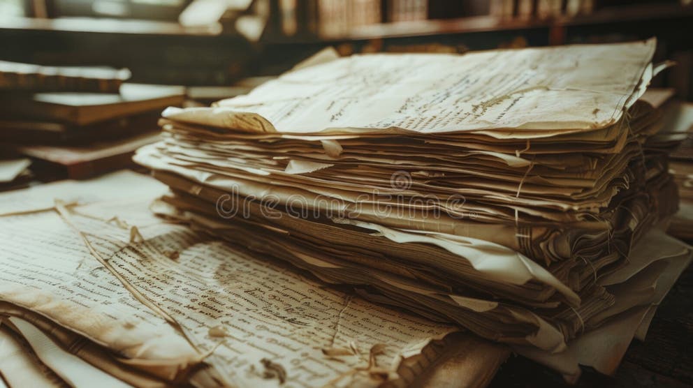 A Pile of Yellowed Documents and Files Stacked on a Wooden Surface ...