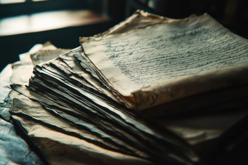 A Pile of Yellowed Documents and Notes Sitting on a Table, Suitable for ...