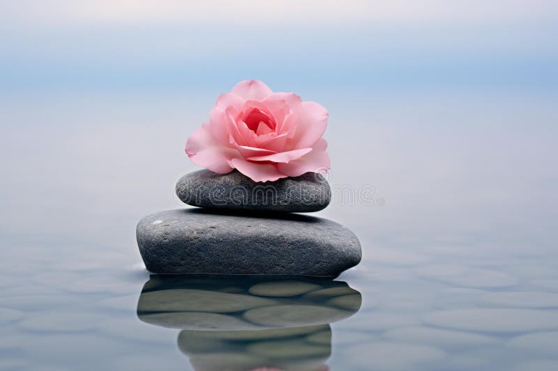 Pile of Zen Stones and Pink Rose on the Water Surface Stock ...
