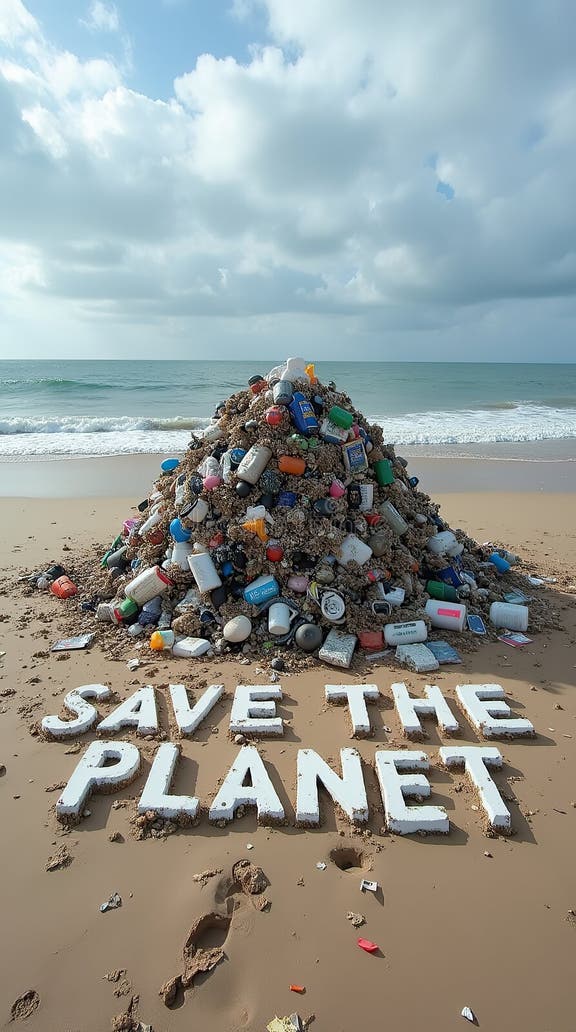 Environmental Message on Beach with Garbage Pile and Save the Planet ...