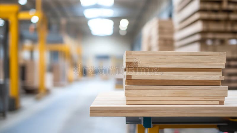 Piled Wooden Boards Rest on a Table within a Spacious Workshop ...