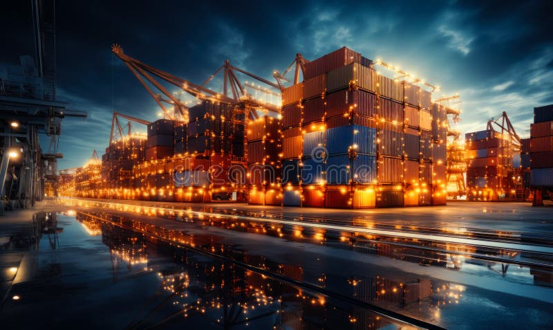 Piles of Big Colorful Containers in the Lights. Territory of Docks at ...